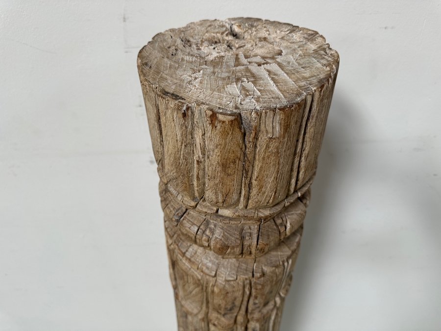 Vintage Hand Carved Architectural Wooden Column With Metal Base 61'H