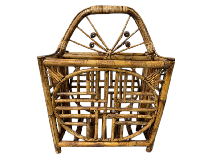 Bamboo Magazine Holder With Handle And Intricate Lattice Design 20'H