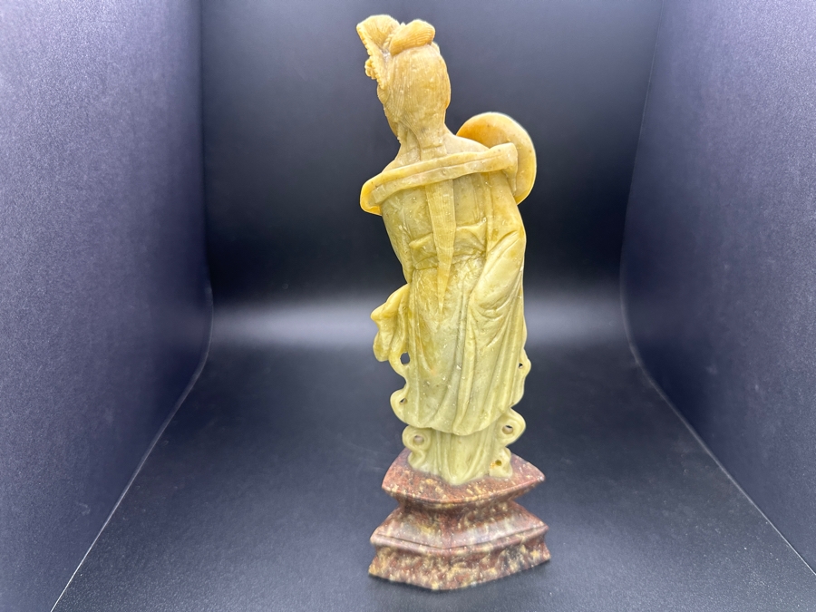 Vintage Chinese Carved Soapstone Figure Of Guanyin On Stone Base 8'H