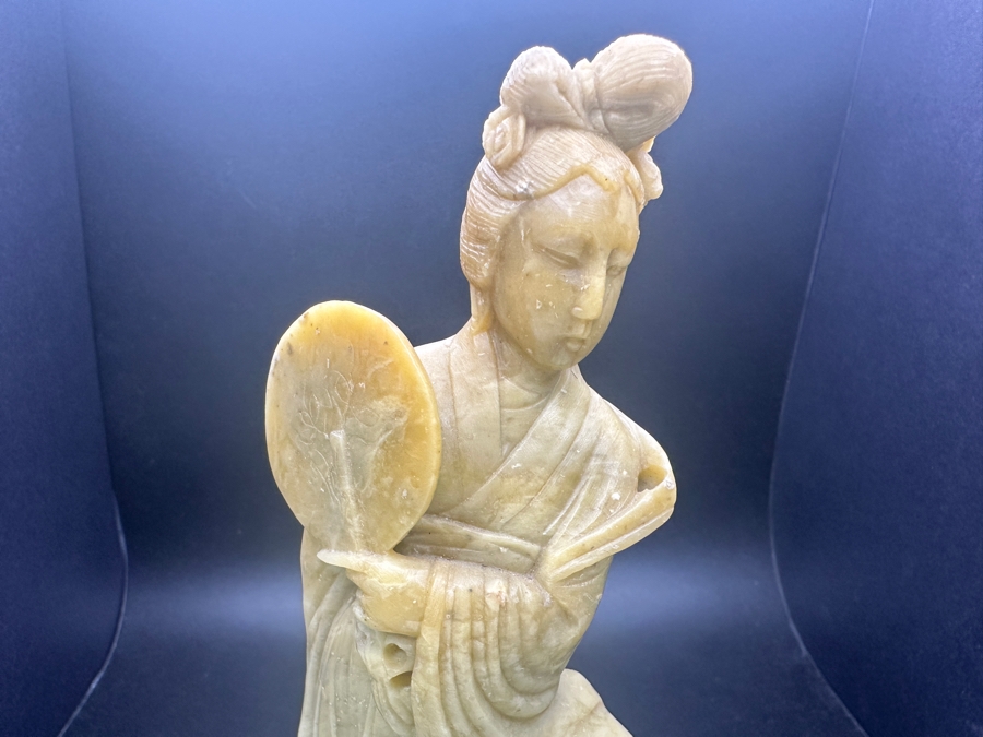 Vintage Chinese Carved Soapstone Figure Of Guanyin On Stone Base 8'H